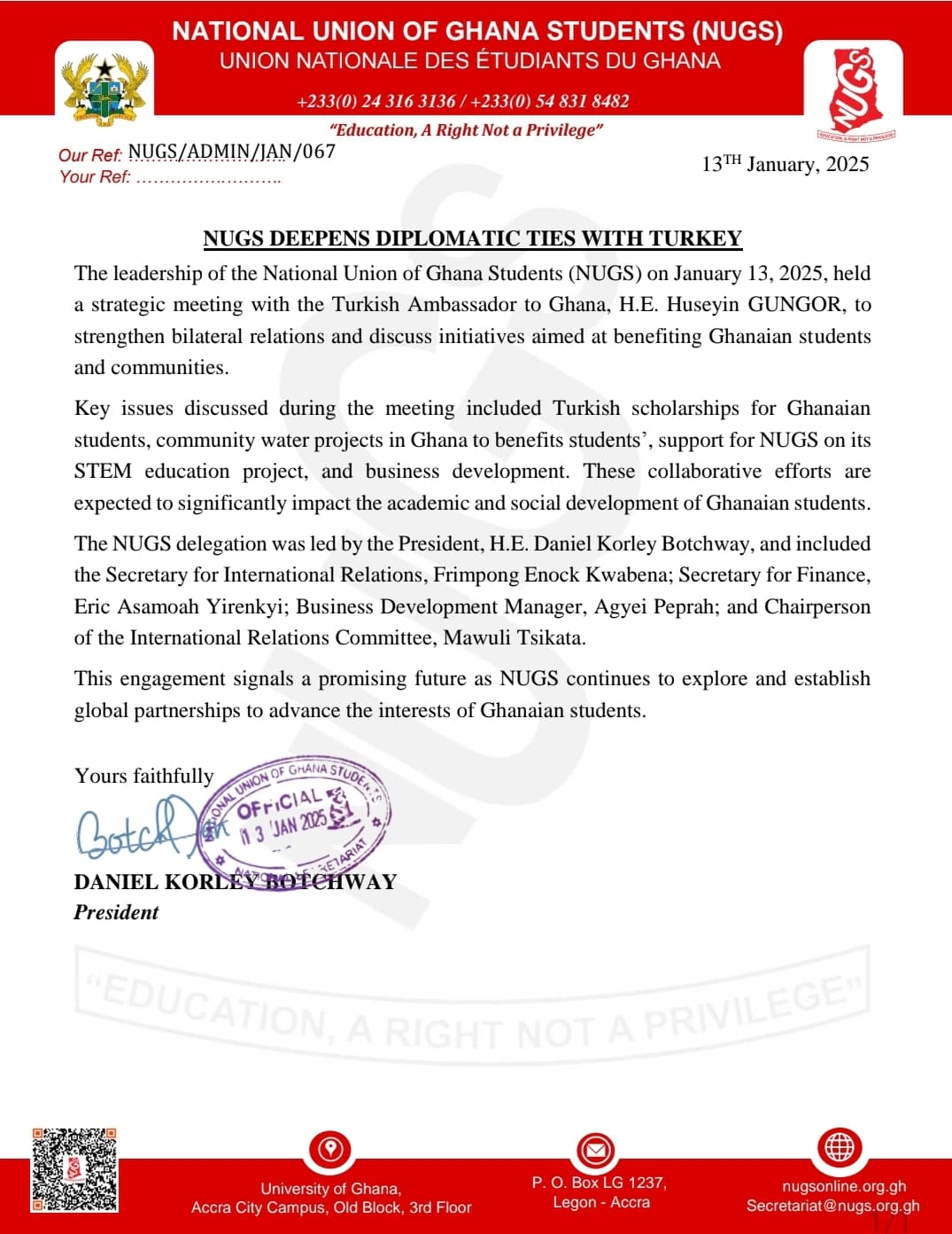 𝐍𝐔𝐆𝐒 𝐒𝐓𝐑𝐄𝐍𝐆𝐓𝐇𝐄𝐍𝐒 𝐓𝐈𝐄𝐒 𝐖𝐈𝐓𝐇 𝐓𝐔𝐑𝐊𝐄𝐘 - National Union Of Ghana Students (NUGS)